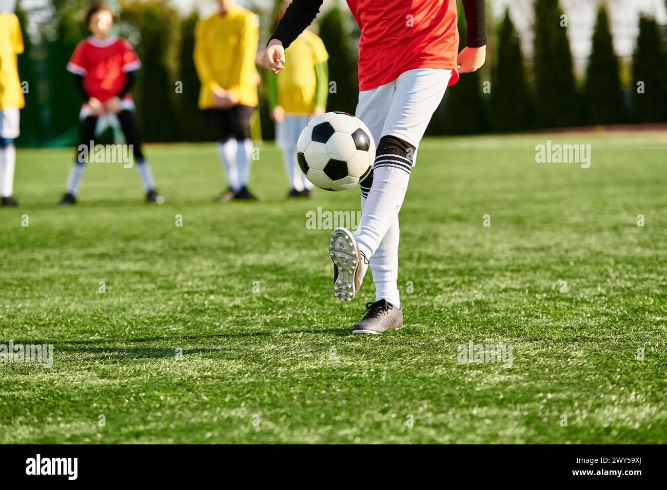 A man dressed in sportswear kicks a soccer ball on a green field ...