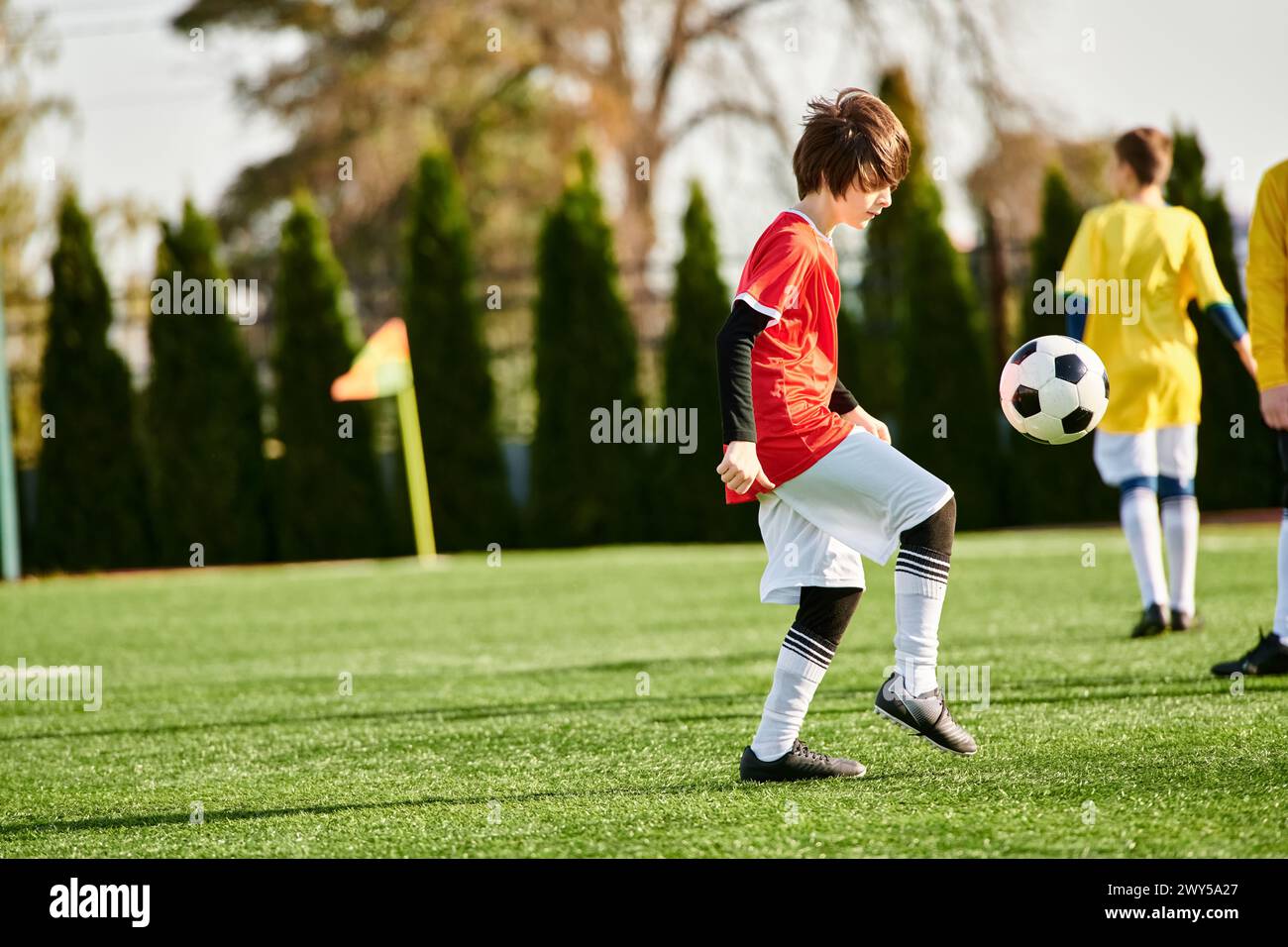 A young boy with a determined expression on his face is kicking a ...