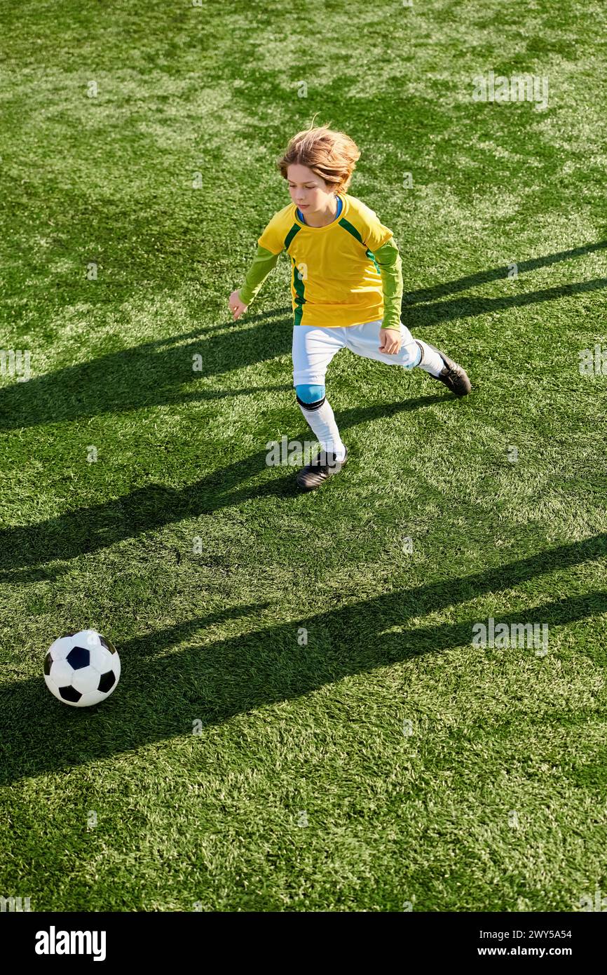 A young boy energetically kicks a soccer ball across a vibrant green ...