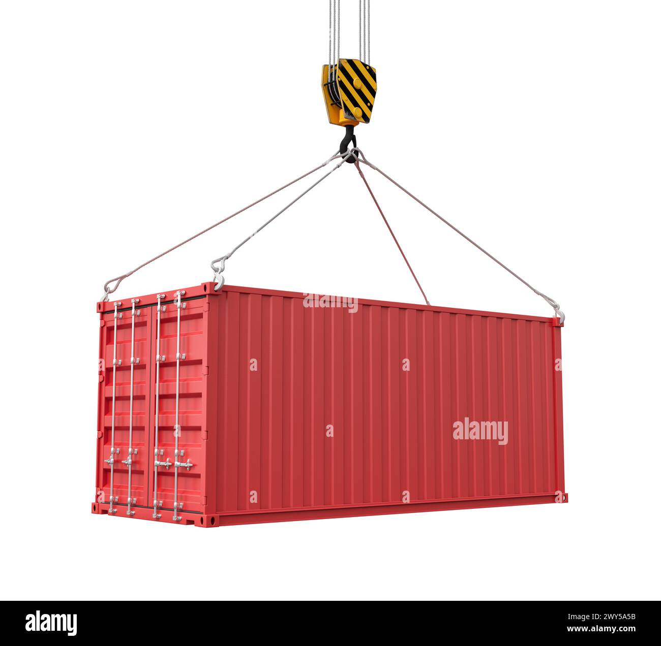 3d rendering of closed red cargo container suspended from crane ...