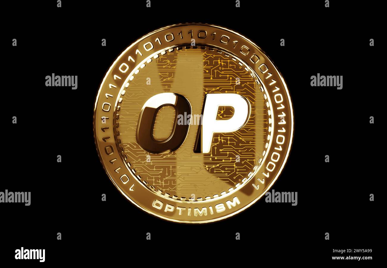 Optimism OP cryptocurrency isolated gold coin on green screen ...