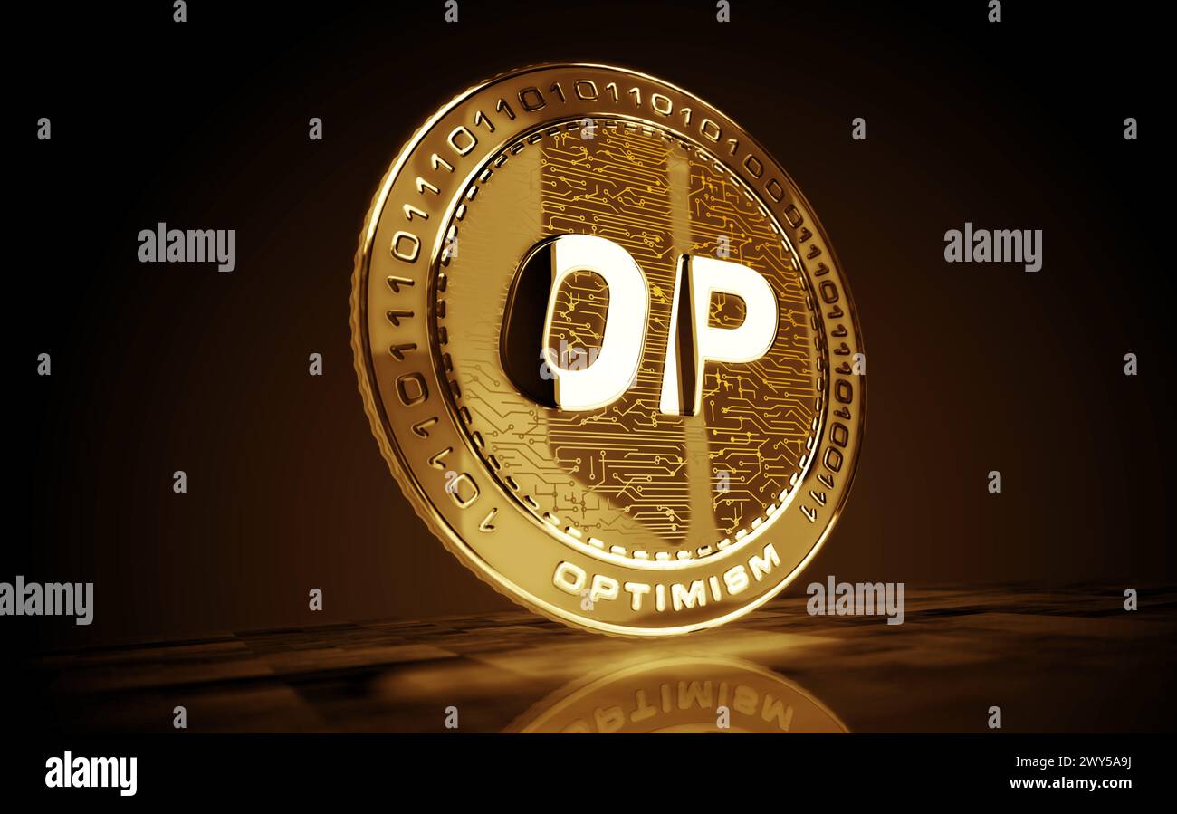 Optimism OP cryptocurrency gold coin on green screen background ...