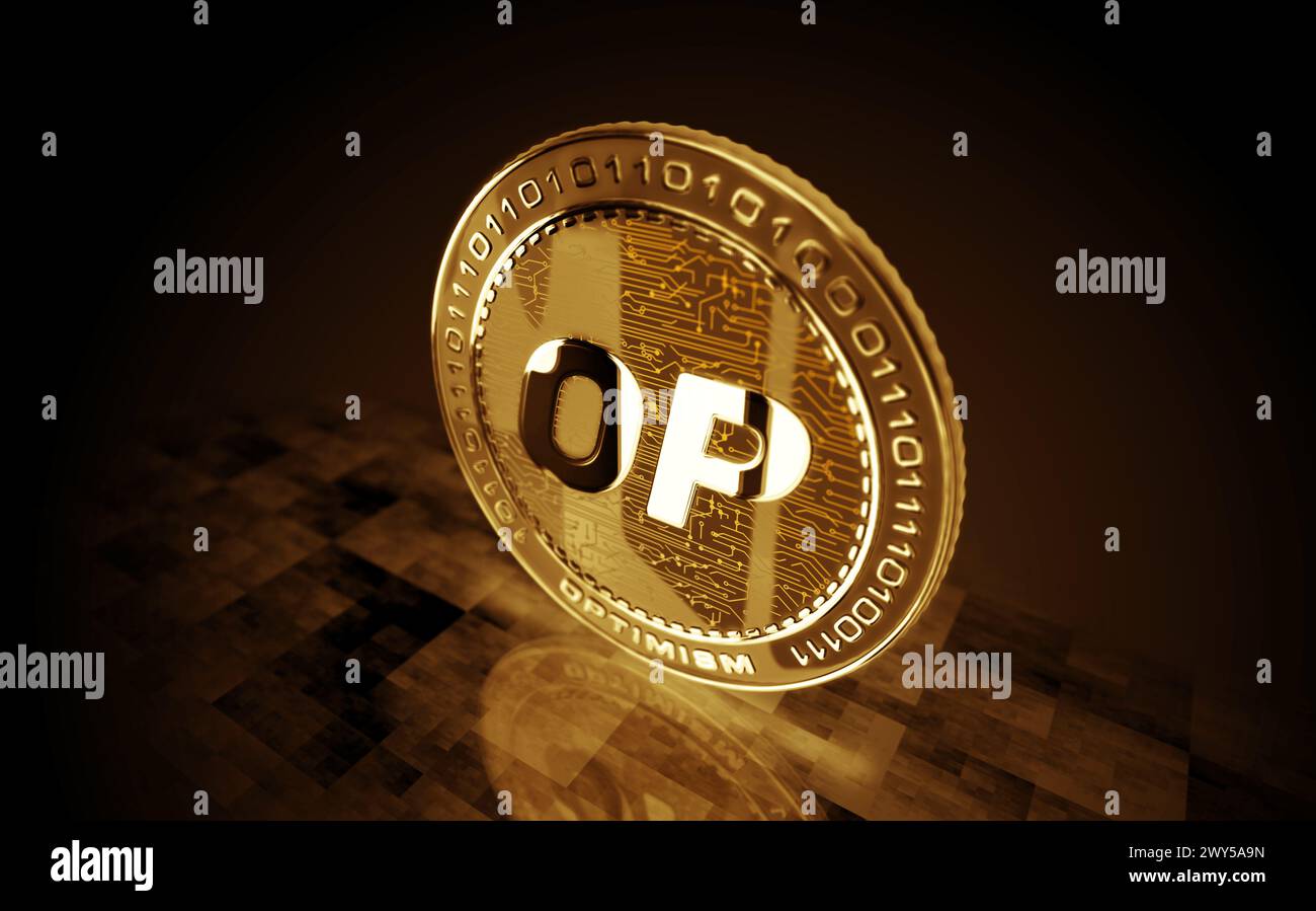 Optimism OP cryptocurrency gold coin on green screen background ...