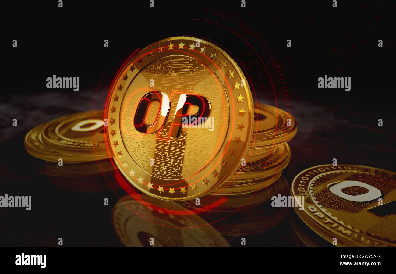 Optimism OP cryptocurrency gold coin on green screen background ...