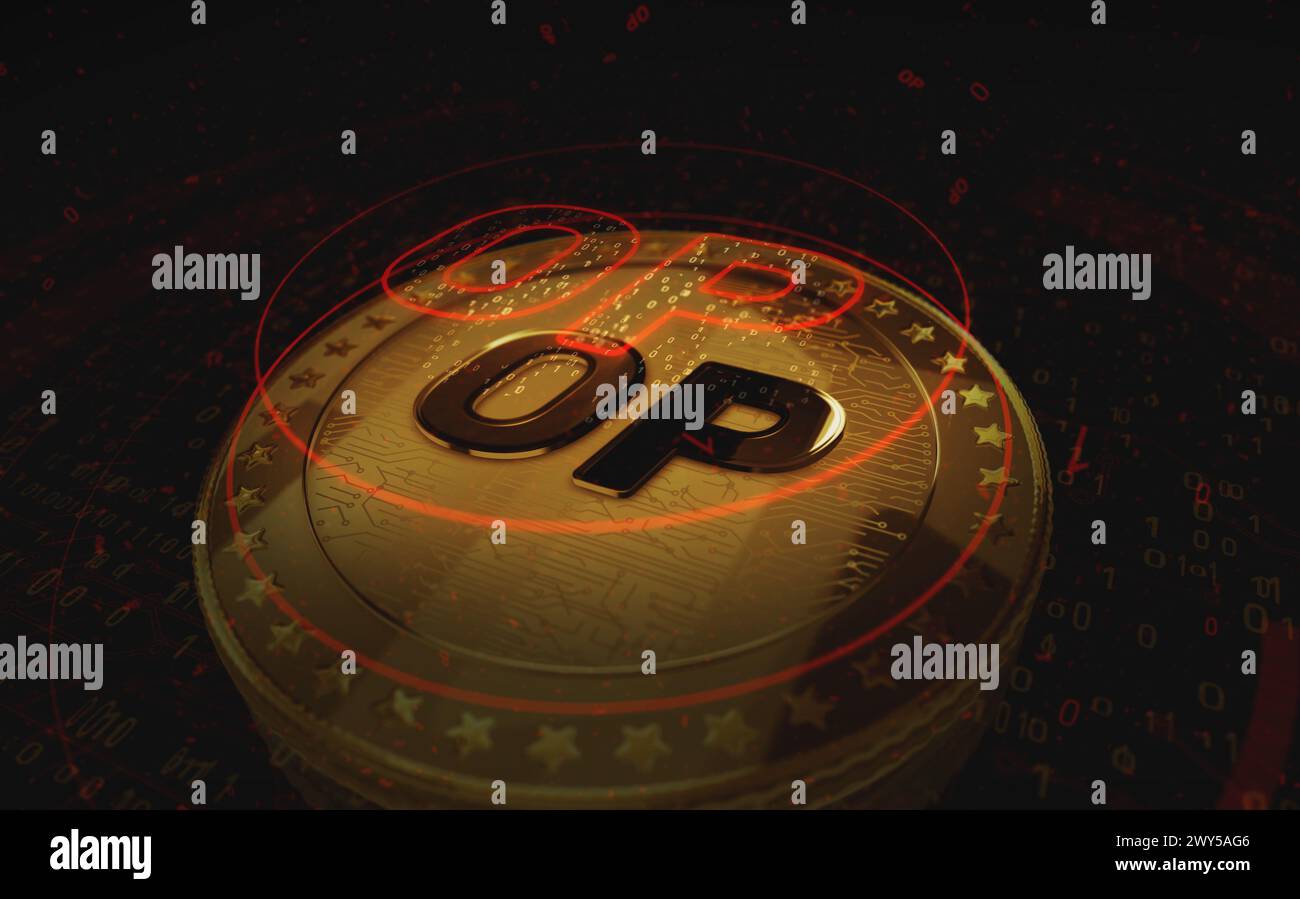 Optimism OP cryptocurrency gold coin on green screen background ...