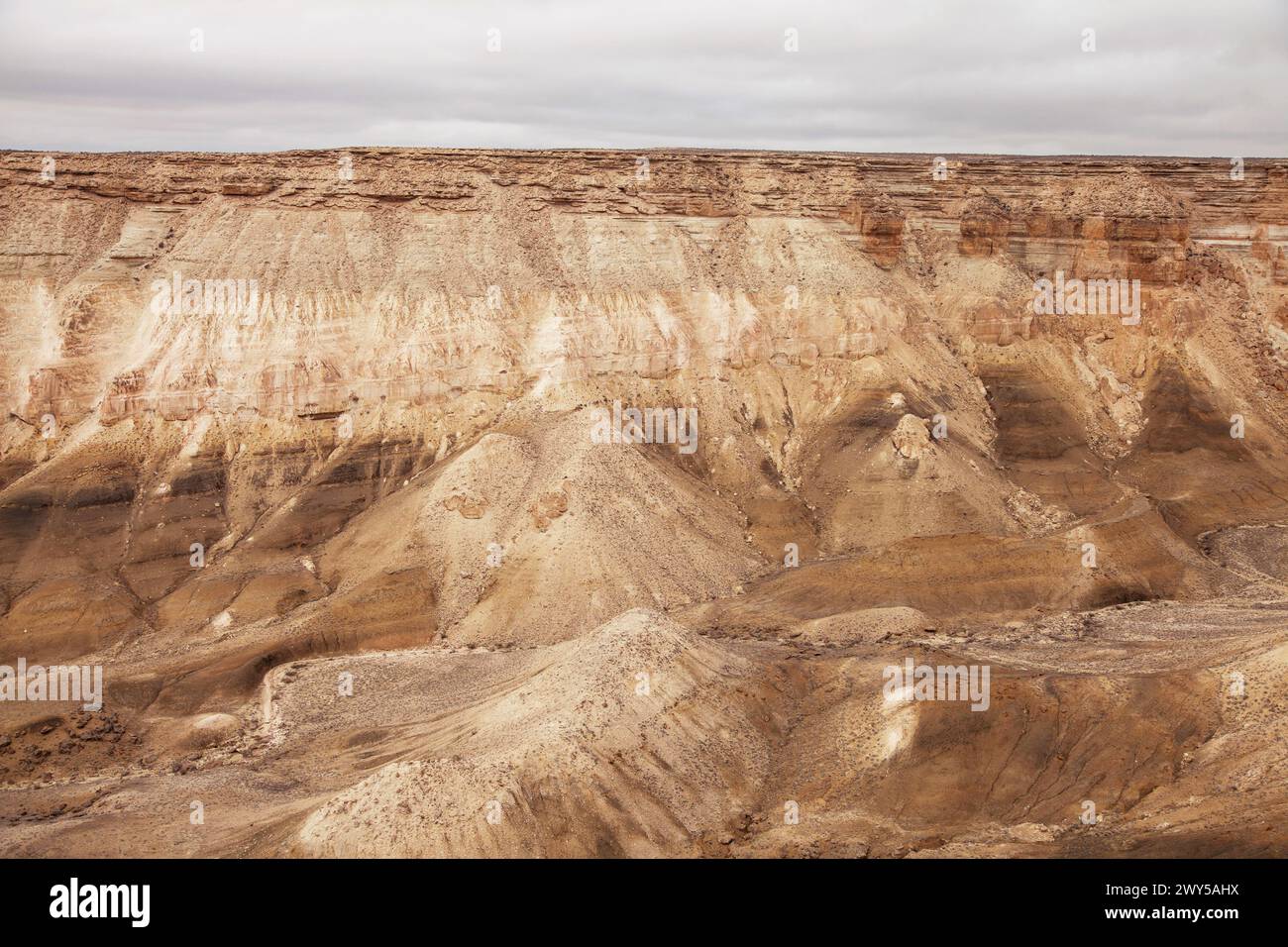 Layered sedimentary rock formations in a dry desert canyon under a ...