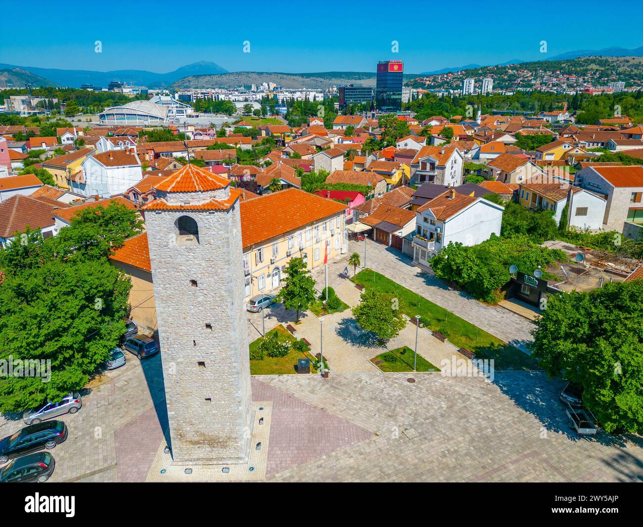 Panorama of Sahat kula tower in capital of Montenegro Podgorica Stock ...