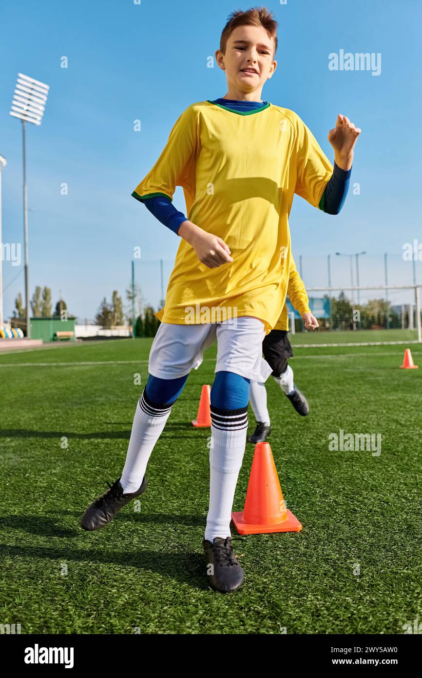 Boy kicking soccer ball at net hi-res stock photography and images - Alamy