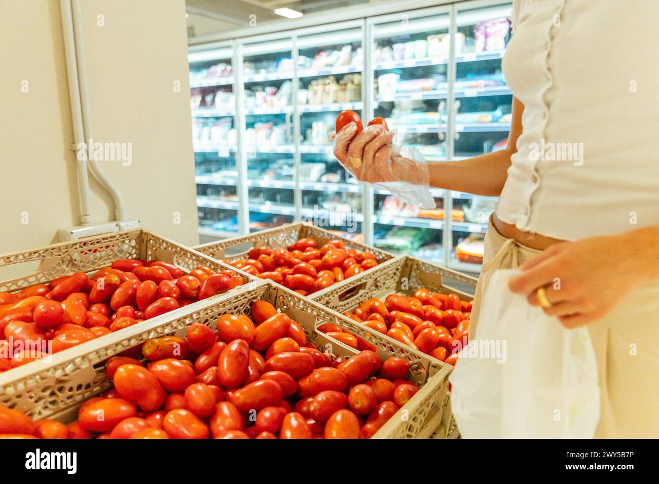 A woman is shopping for tomatoes in a grocery store. She is holding a ...