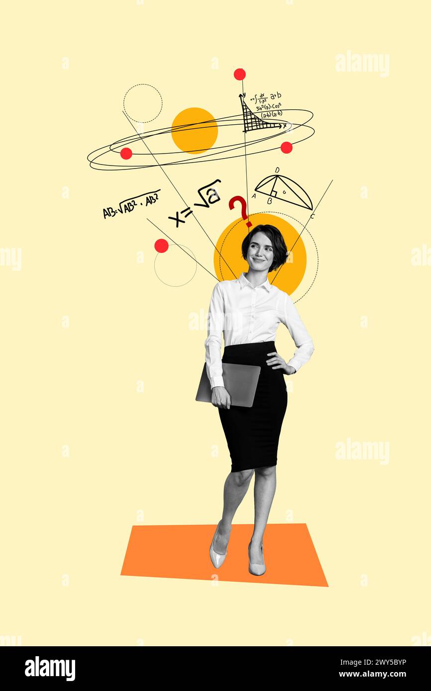 Vertical photo collage young cheerful attractive businesswoman ...