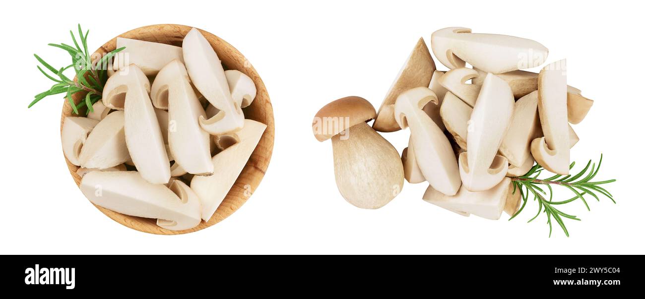 Fresh porcini cep mushroom slices in wooden bowl isolated on white ...