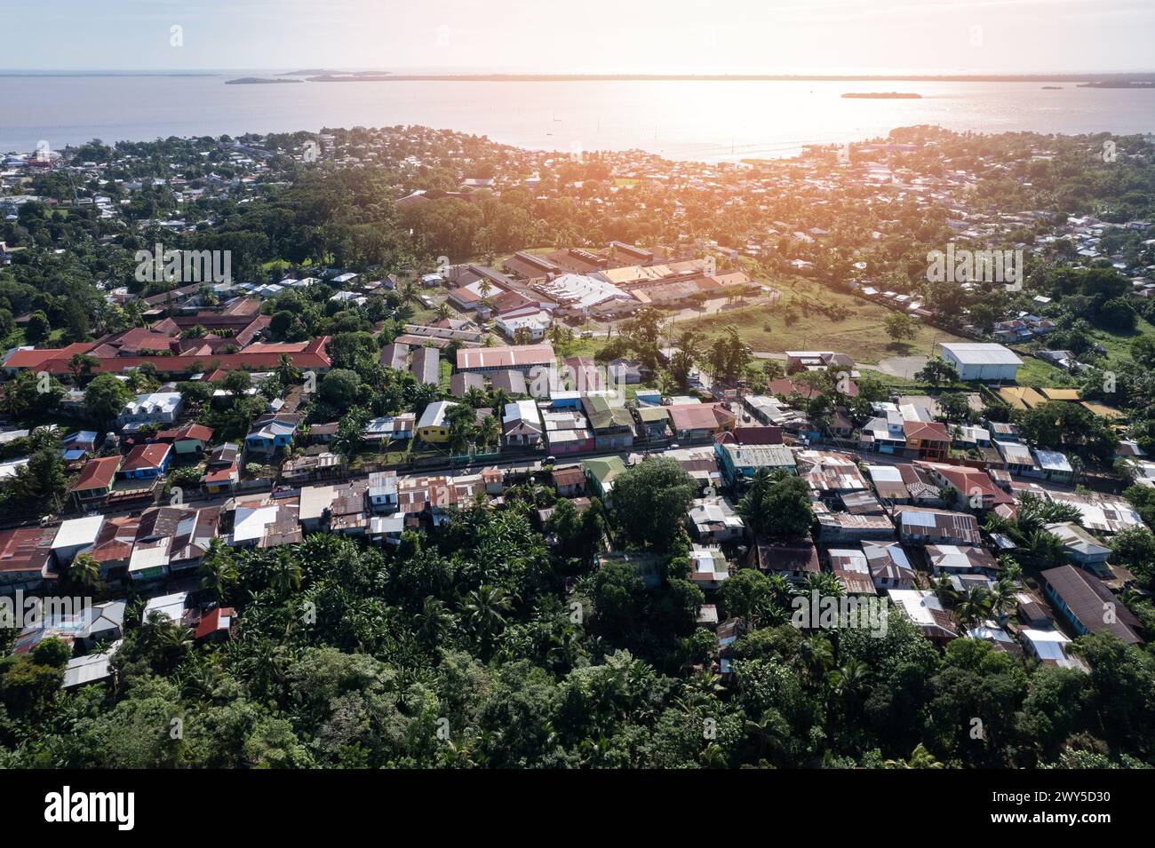 Landscape of Caribbean city in sunny light aerial drone view Stock ...