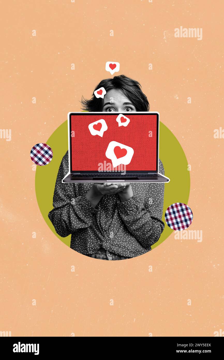 Vertical photo collage creative poster young stressed girl laptop ...