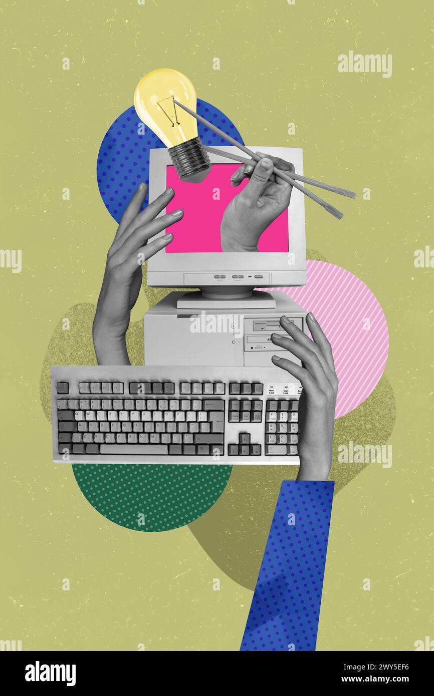 Vertical collage human hands reach lightbulb invention idea solution ...