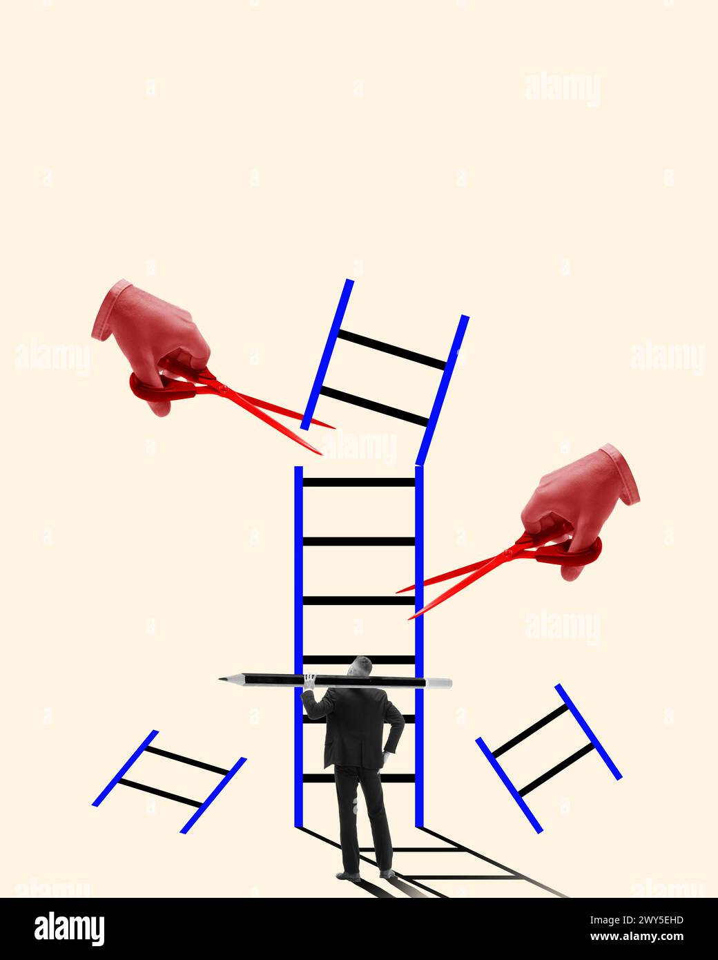 Man standing near ladder with hands cutting it from different sides ...
