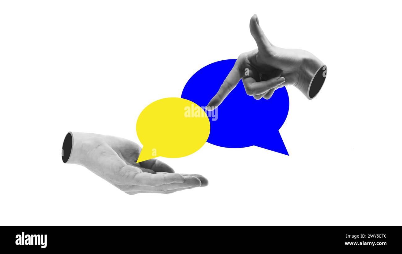 Human hands and speech bubbles. Exchange of innovative business ideas ...