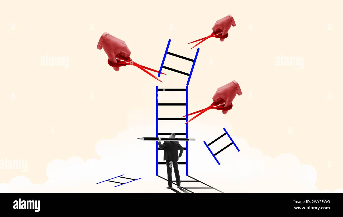 Man standing near ladder with hands cutting it from different sides ...
