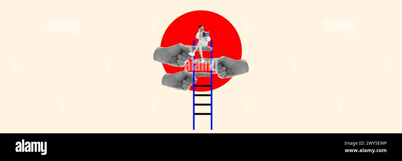 Man sitting on top of ladder and reading with human hands making stairs ...