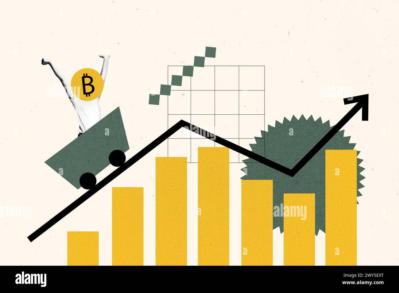 Composite photo collage of headless human bitcoin trolley arrow up ...