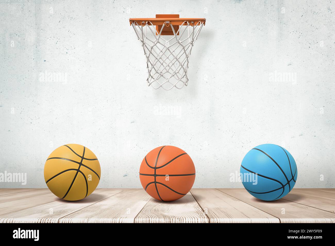 3d rendering of three basketballs, yellow, orange and blue, lying on ...