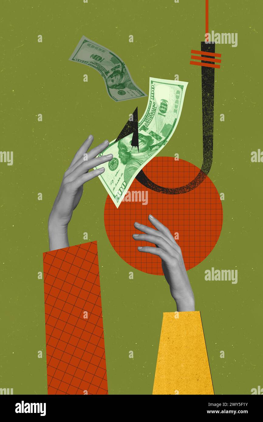 Vertical creative photo collage human hands try get cash dollars earn ...