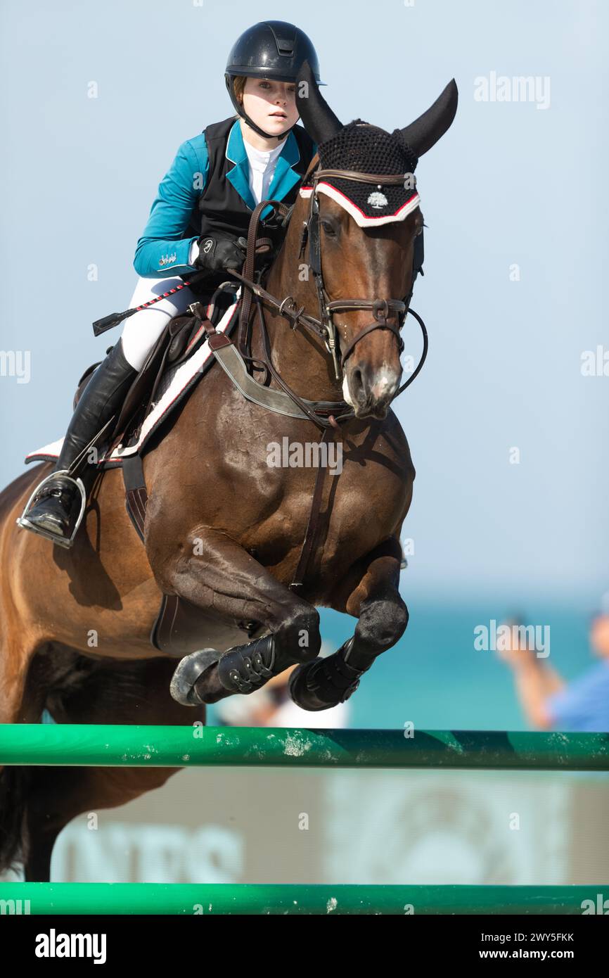Miami Beach, USA - April 3, 2024. Olivia Sweetnam of the USA and riding ...