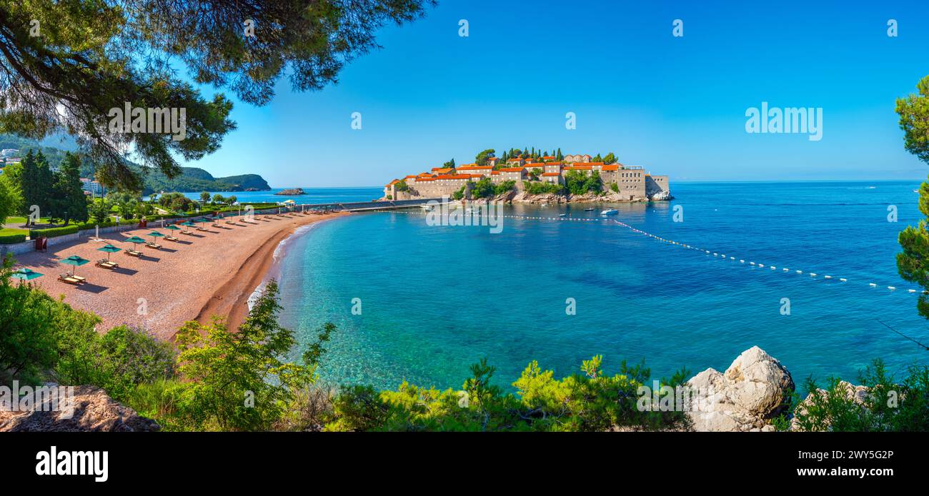 Panorama view of Sveti Stefan in Montenegro Stock Photo - Alamy
