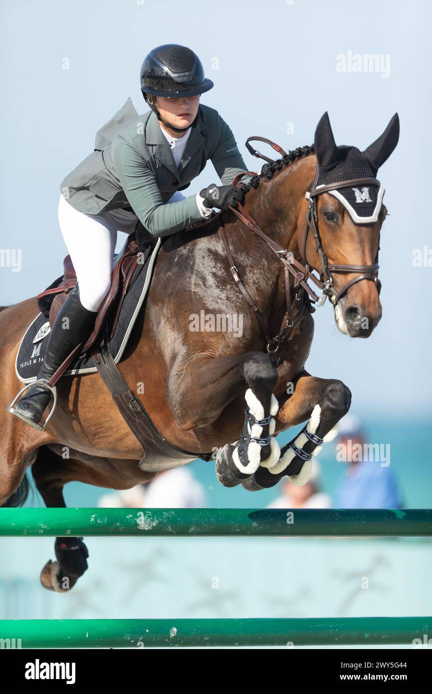 Miami Beach, USA - April 3, 2024. Hailey Royce of the USA and riding ...