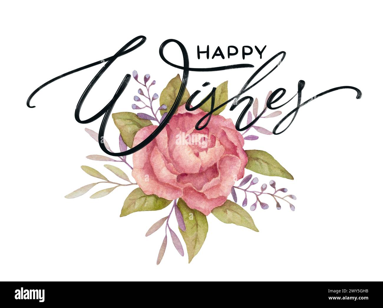 Pink Watercolor Flower Clip Art. Floral Composition with Happy Wishes ...