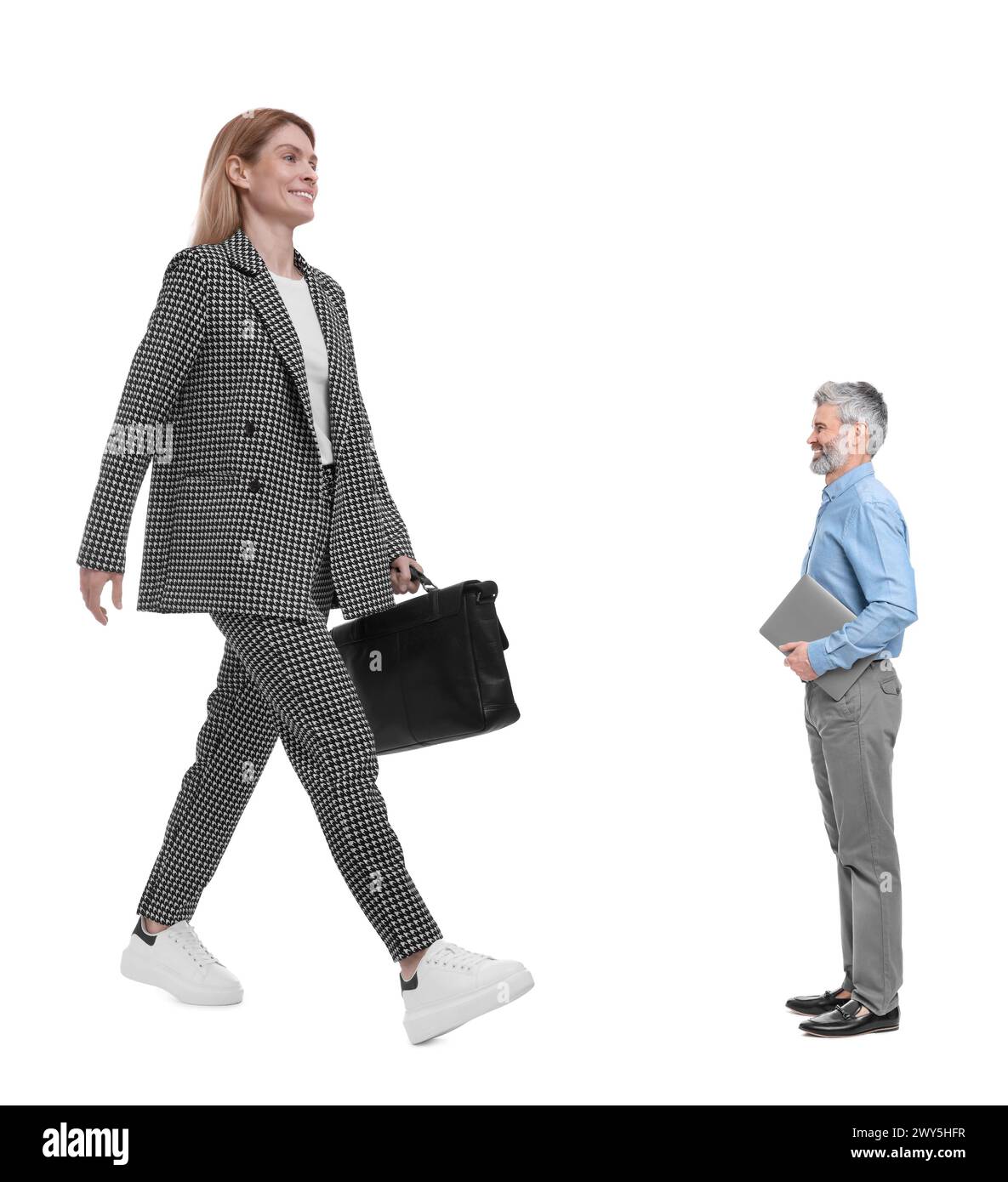 Giant woman and small man on white background Stock Photo - Alamy