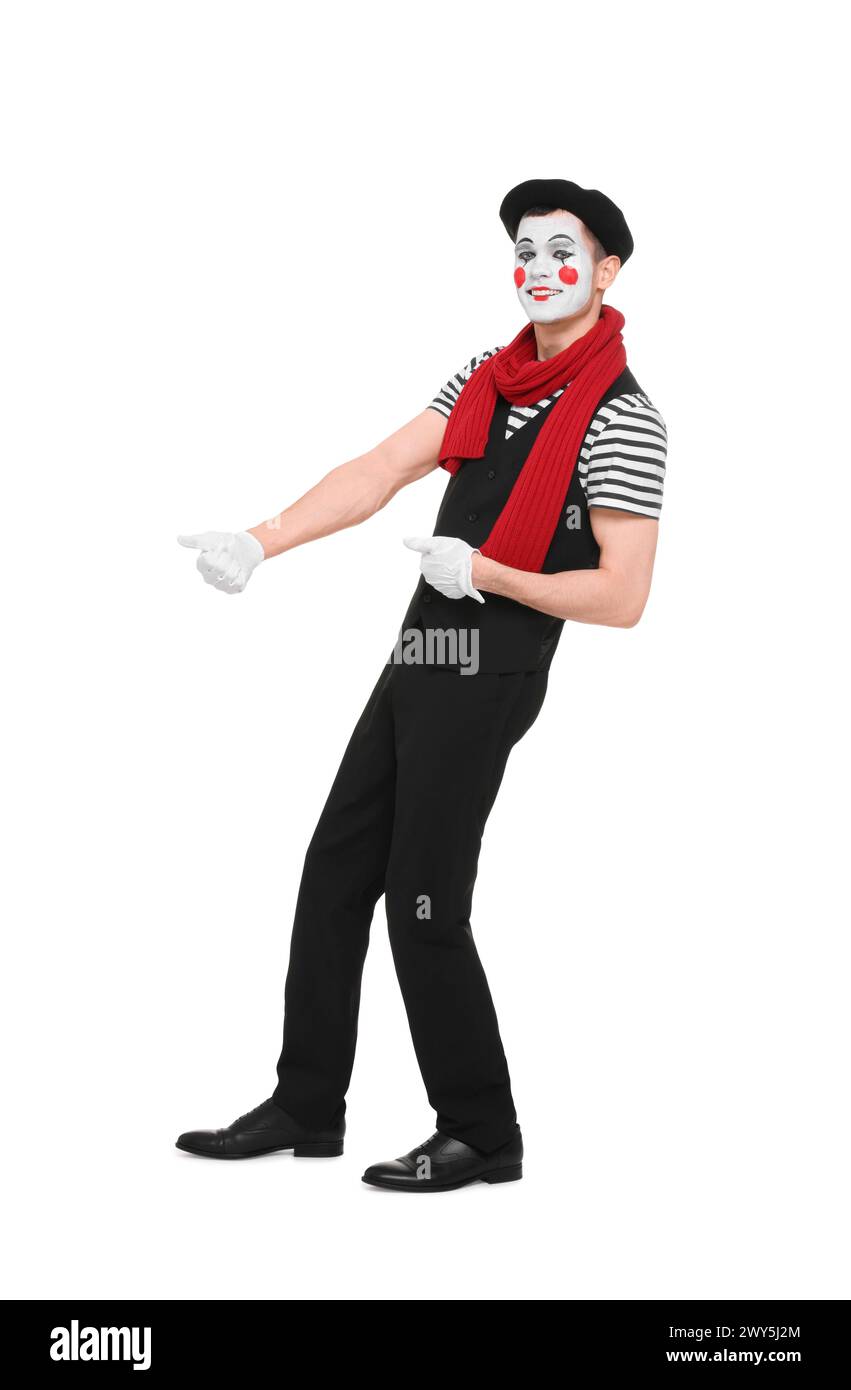 Funny mime artist in beret posing on white background Stock Photo - Alamy