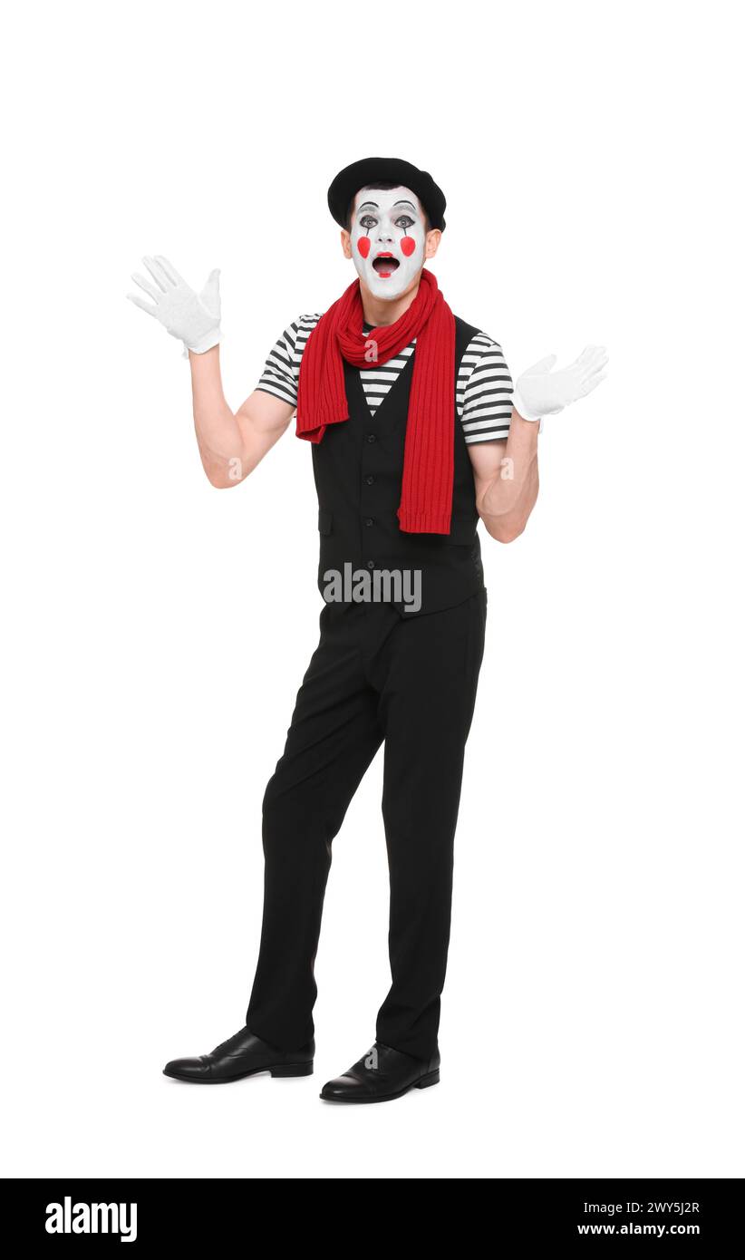 Funny mime artist in beret posing on white background Stock Photo - Alamy