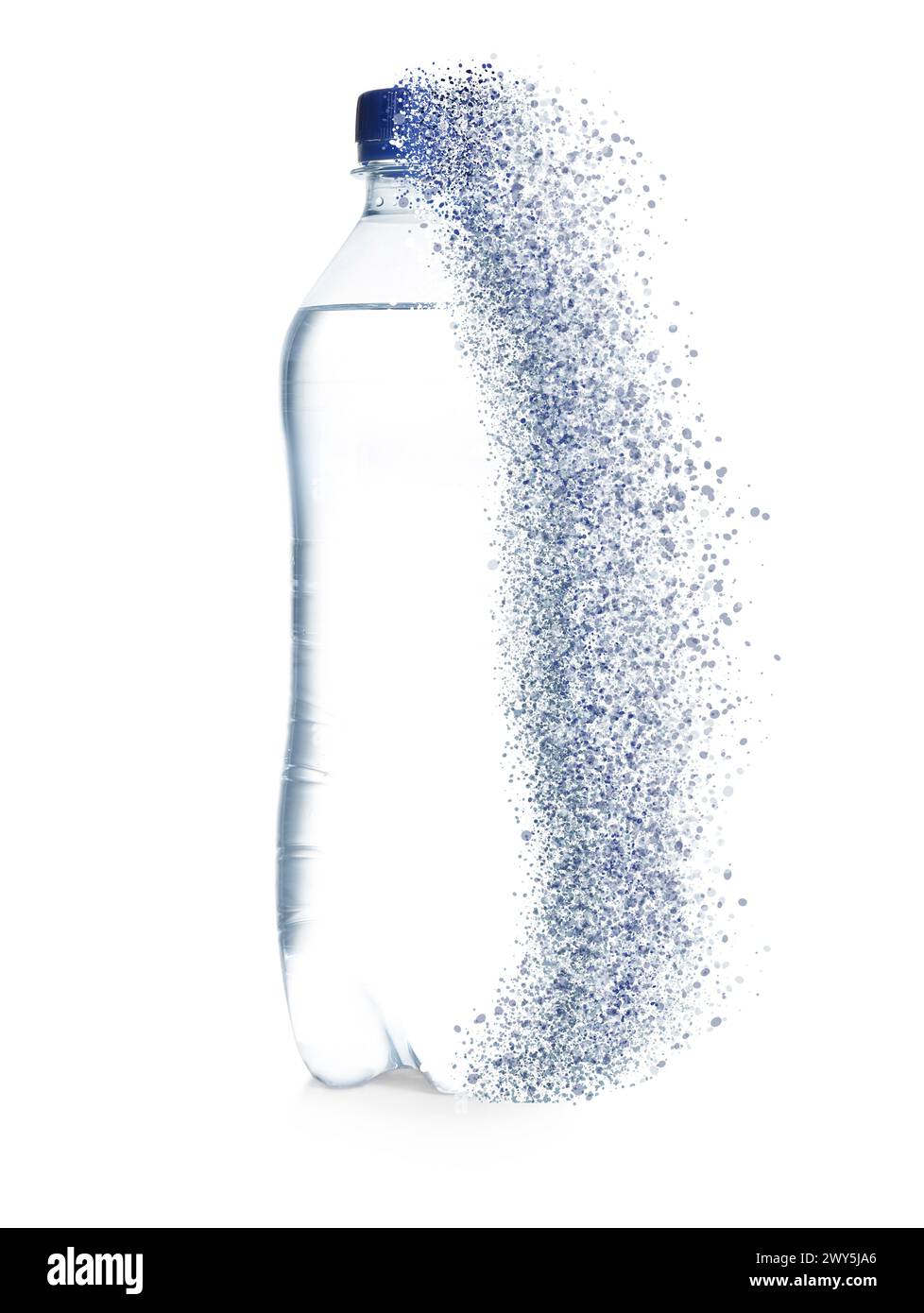 Bottle of water vanishing on white background. Plastic decomposition ...