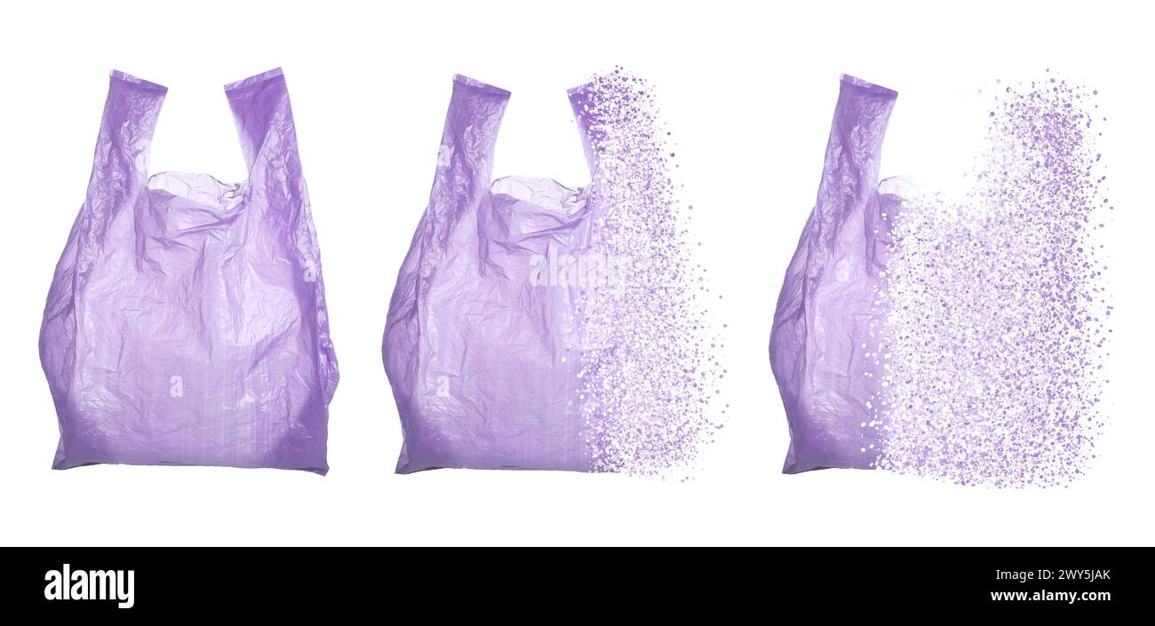 Violet disposable bag vanishing on white background, set. Plastic ...