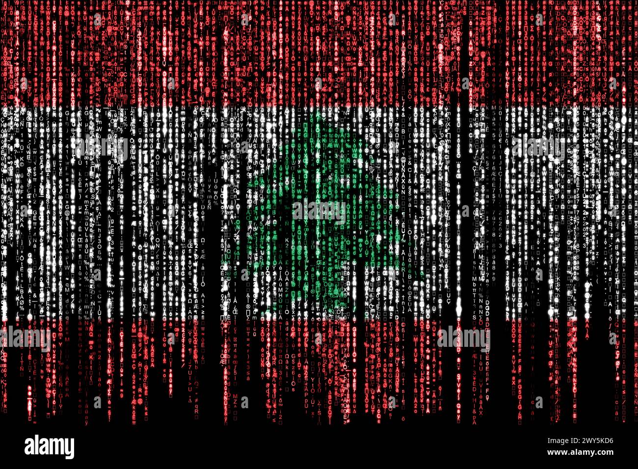 Flag of Lebanon on a computer binary codes falling from the top and ...