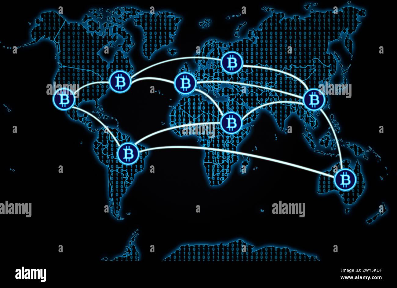 International bitcoin transactions on a dark world map background Stock ...