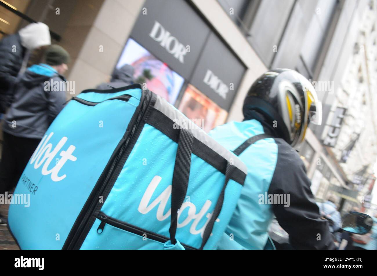 Copenhagen, Denmark /04 April 2024/. Wolt partner food delivery bikers ...
