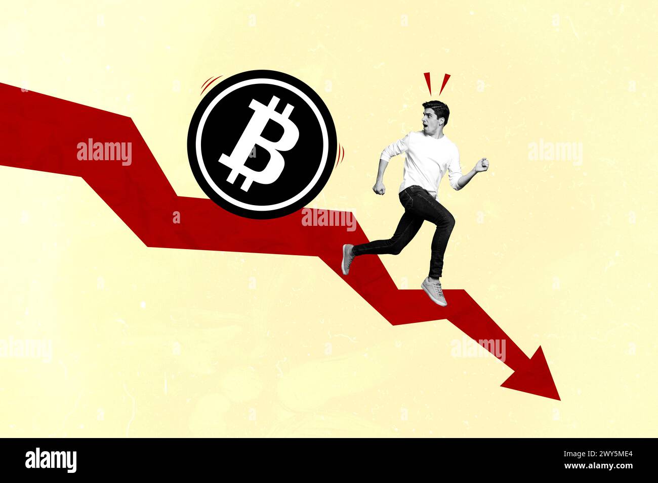 Composite photo collage of huge bitcoin cryptocurrency roll scared guy ...