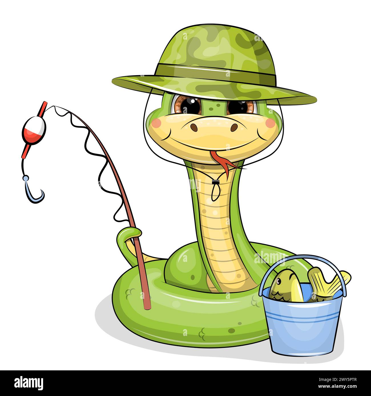 Cute cartoon green snake in the hat holds a fishing rod and a bucket ...