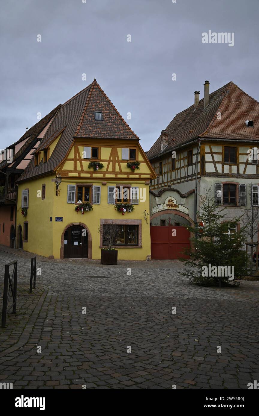 Landscape with scenic view of typical Alsatian half-timbered ...