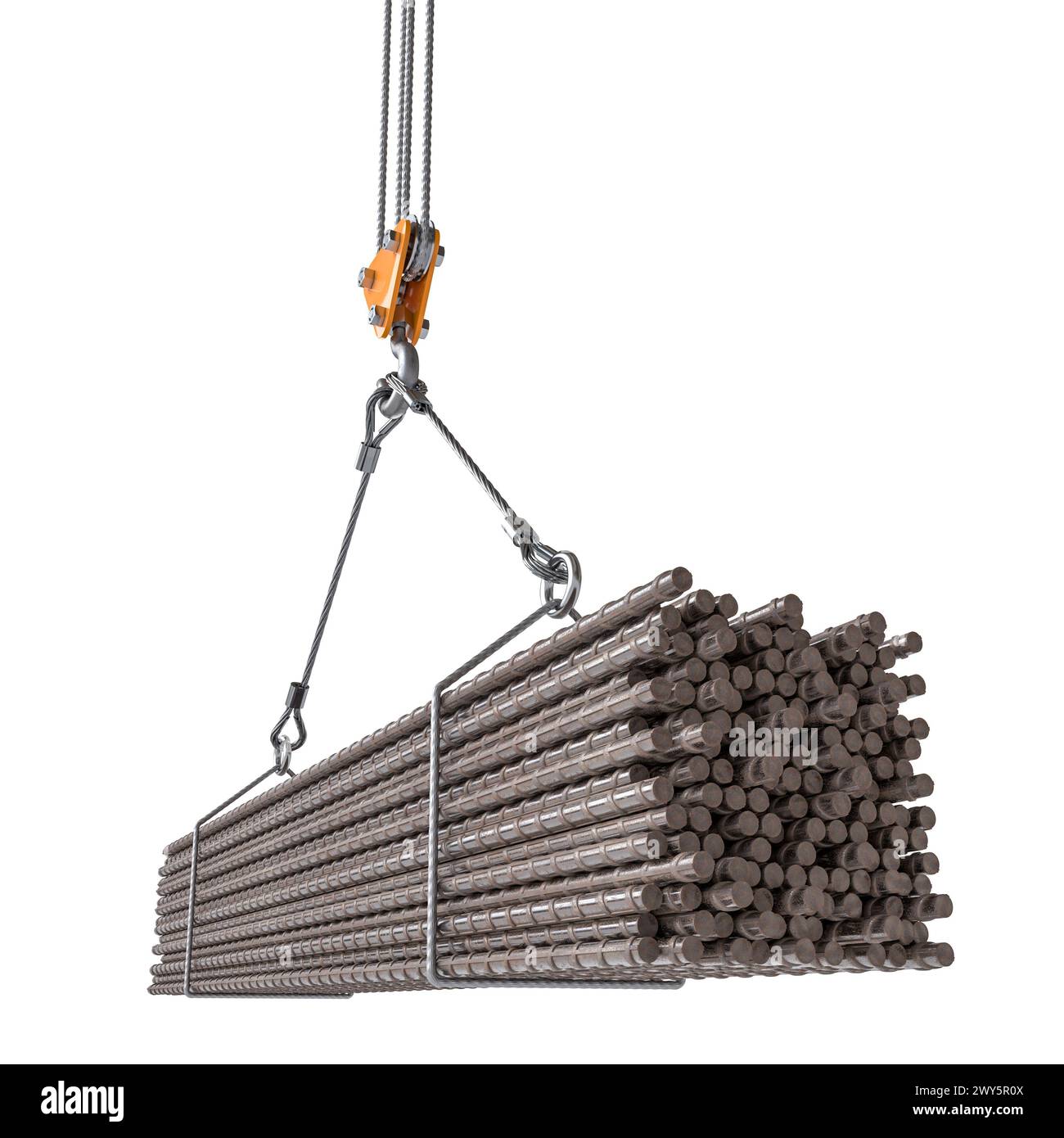 Industrial crane hoisting a large batch of steel rebar against a white ...