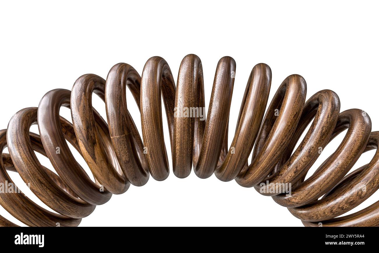 Detailed close-up of intertwined wooden spiral coils on a white ...