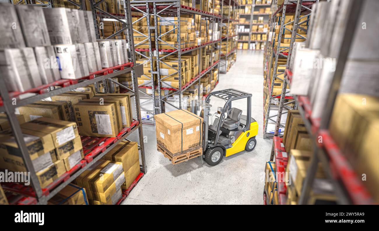 Industrial warehouse scene with a forklift truck moving cargo boxes ...