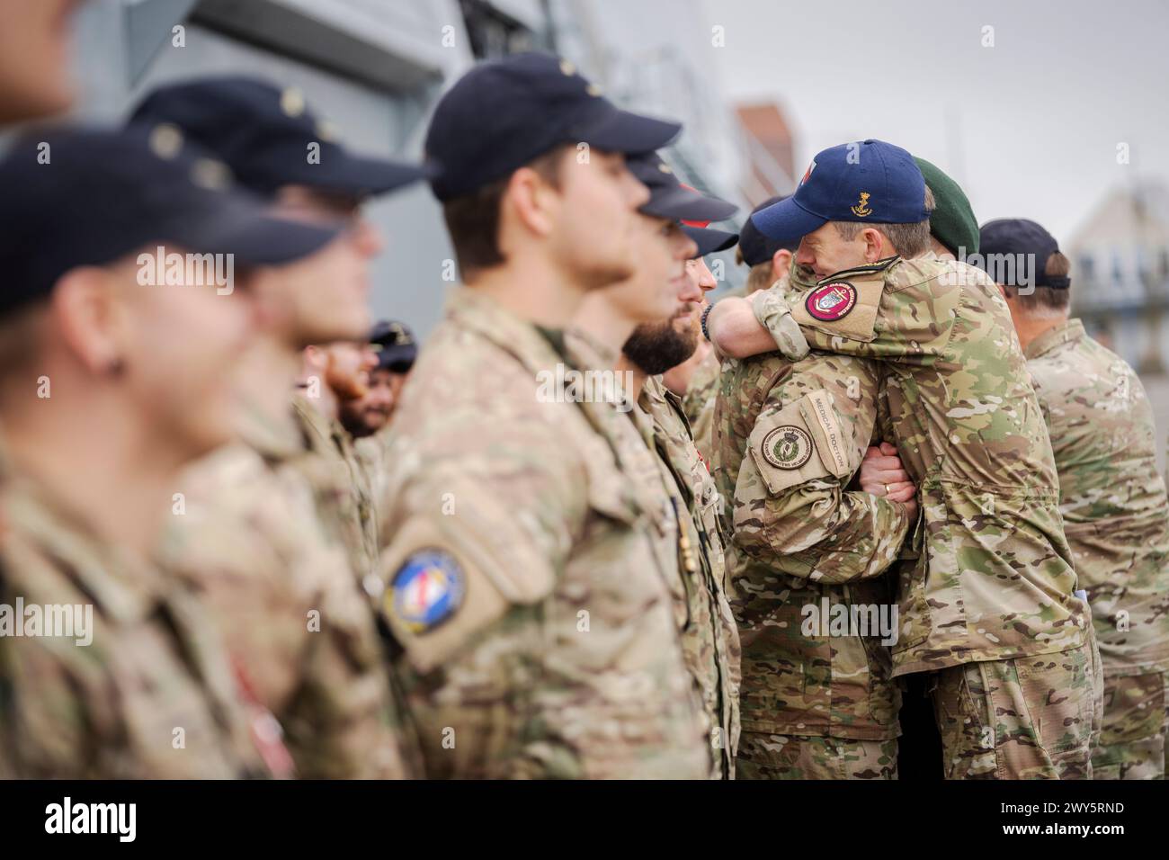 Korsoer, April 4, 2024. Ship Chief Sune Lund embraces a crew member as ...