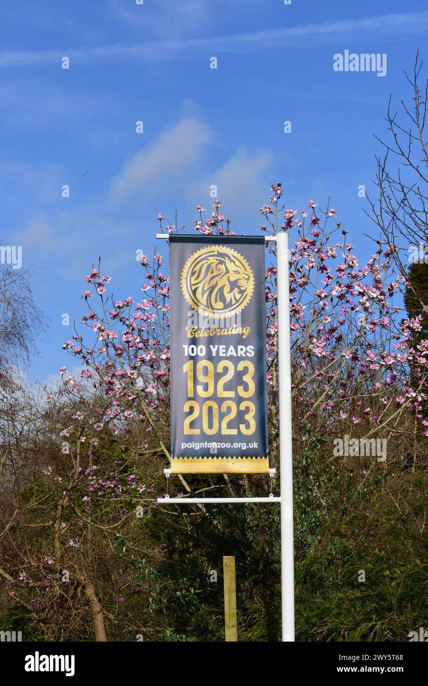 Banners at Paignton Zoo celebrating the zoo's centenary Stock Photo - Alamy