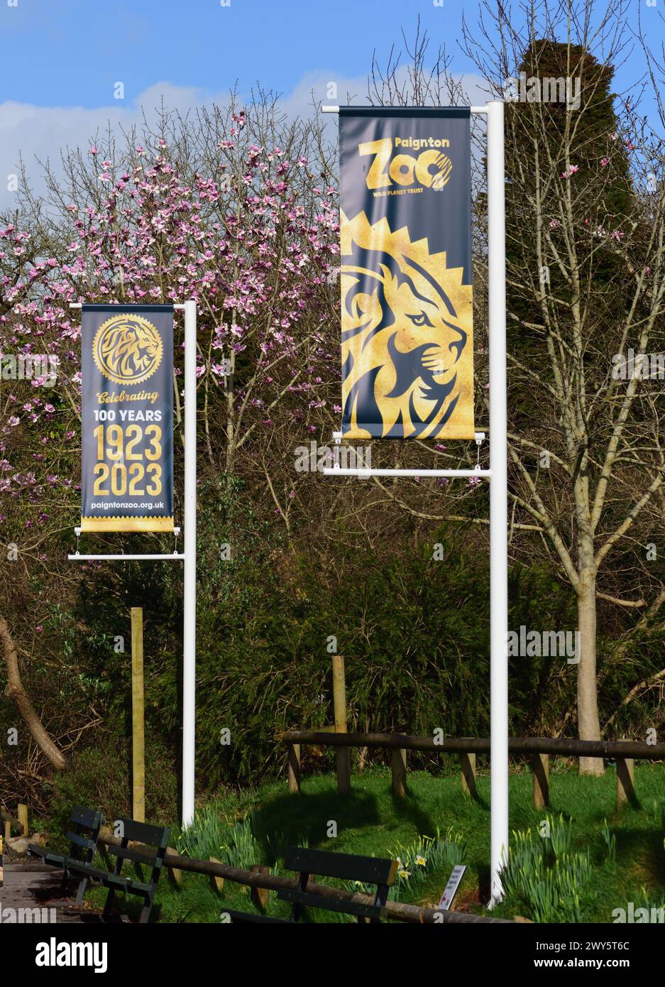 Banners at Paignton Zoo celebrating the zoo's centenary Stock Photo - Alamy