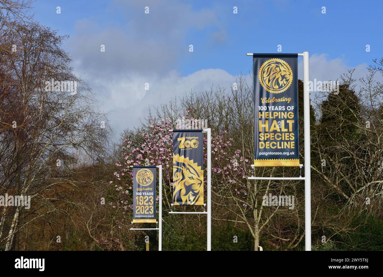 Banners at Paignton Zoo celebrating the zoo's centenary Stock Photo - Alamy