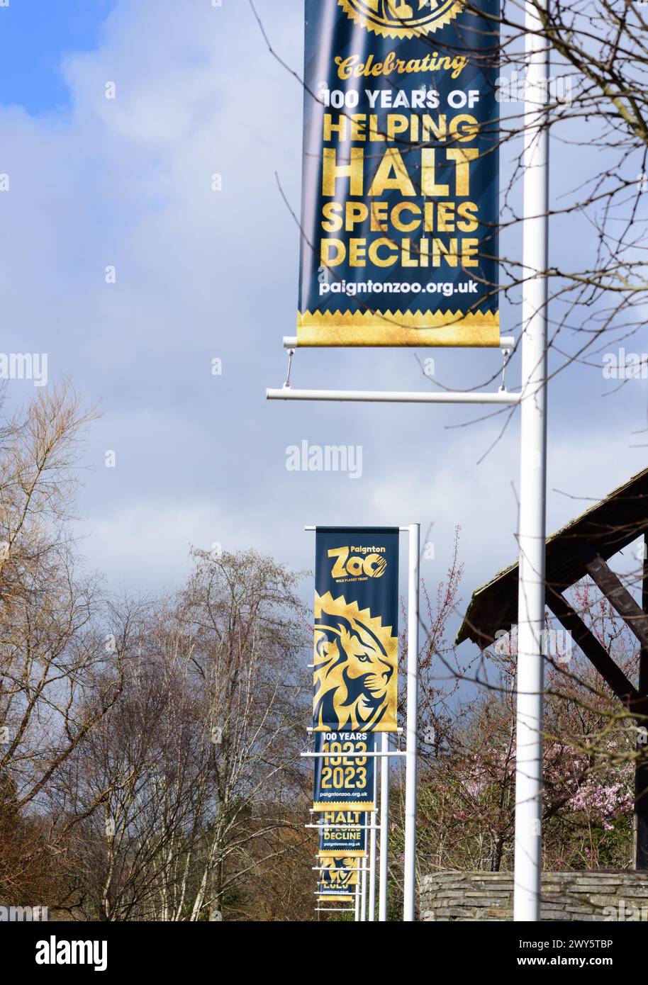 Banners at Paignton Zoo celebrating the zoo's centenary Stock Photo - Alamy
