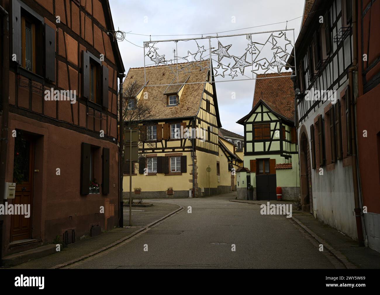 Landscape with scenic view of typical Alsatian half-timbered ...