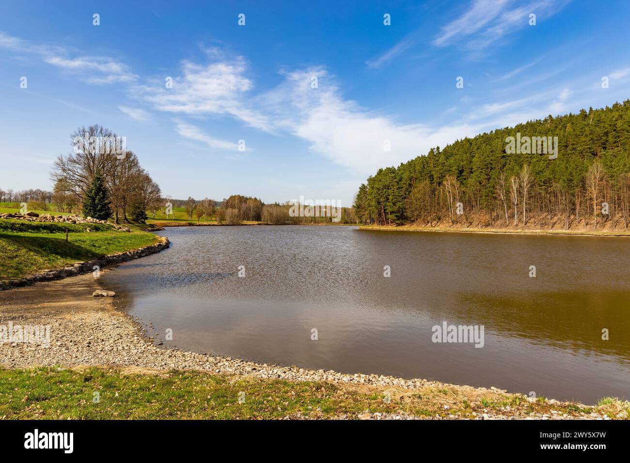 Spring lake view with blue sky Stock Photo - Alamy